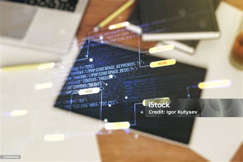 추상적 인 창조적 인 코딩 스케치와 배경 평면도 인공 지능 및 신경망 개념에 대한 현대 디지털 태블릿의 다중 노출 네트워크 서버에 대한 스톡 사진 및 기타 이미지 Istock