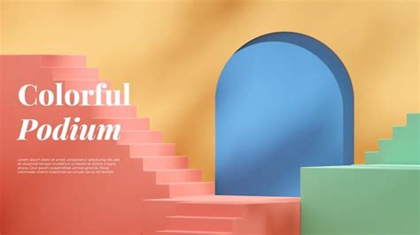 Синяя арка желтая стена 3d рендеринг шаблон макет розовой и зеленой лестницы пустого