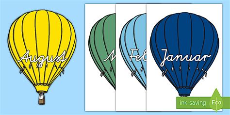 Months Of The Year On Hot Air Balloons Display Posters English German
