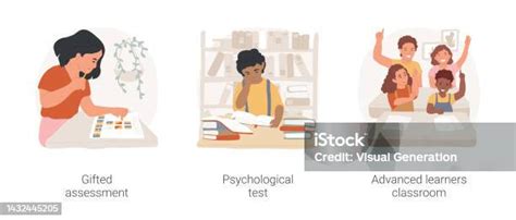 영재 아동 프로그램 고립 만화 벡터 일러스트 레이 션 세트 가공의 인물에 대한 스톡 벡터 아트 및 기타 이미지 가공의 인물