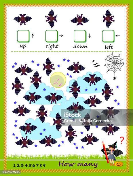 아이들을 위한 수학 교육 각 방향으로 움직이는 박쥐의 양을 세고 숫자를 씁니다 어린이 계산 기술 개발 학교 교과서에 대한 논리 퍼즐 게임 온라인 플레이 0명에 대한 스톡
