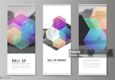 화려한 육각형 기하학적 모양 수직 전단지를위한 기술 배경 플래그 디자인 템플릿 배너 스탠드 광고 디자인 모형과 롤업 모형 디자인 템플릿의 벡터 레이아웃 광고에 대한 스톡