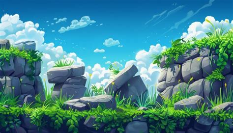 2d Game Level With Rocks Embedded In Vibrant Green Grass Featuring Playful Interactive