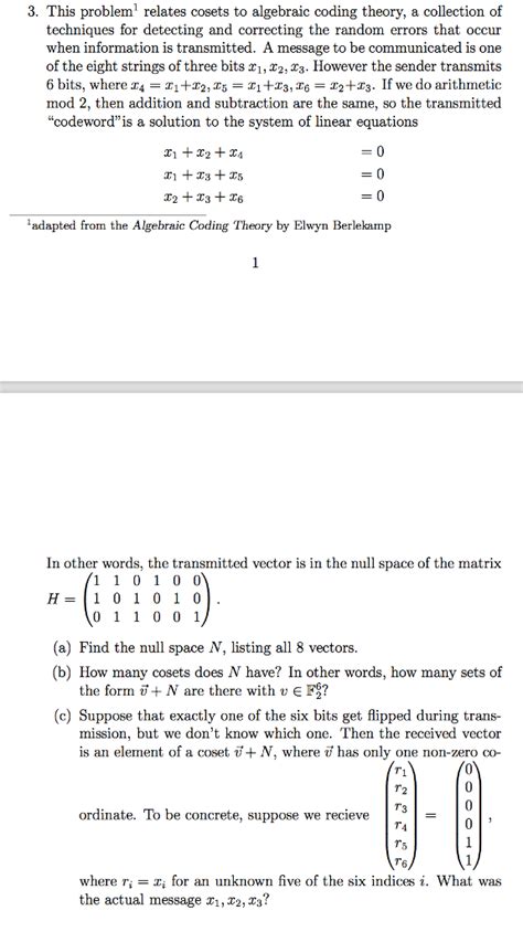 3 This Problem1 Relates Cosets To Algebraic Coding