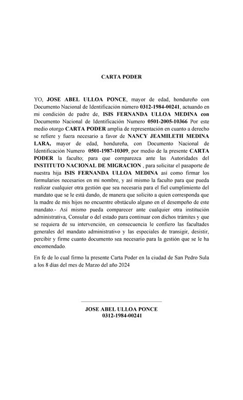 Carta Poder Solicitud Pasaporte Menor Carta Poder Yo Jose Abel