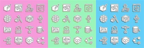 세트 라인 이소메트릭 큐브 3d 프린터용 필라멘트 스캐너 그래픽 디자이너 설정 3d 펜 도구 및 Rgb 및 Cmyk 색상 믹싱 아이콘 벡터 3차원 형태에 대한 스톡 벡터