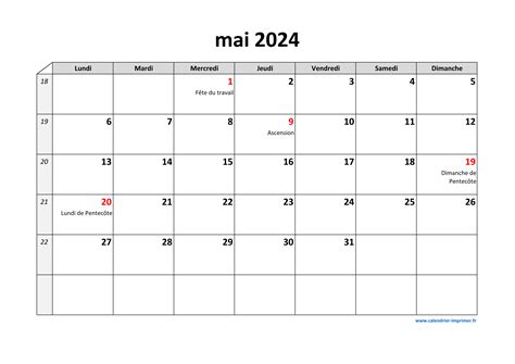 Calendrier Mai 2024 à imprimer