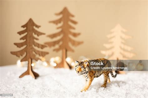 호랑이의 인형 베이지 색 배경에 눈나무 전나무 나무 2022 년 중국 새해의 호랑이 상징 크리스마스 인사말 카드 0명에 대한 스톡 사진 및 기타 이미지 Istock