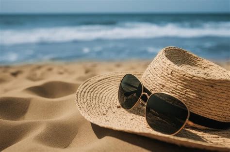 Premium Ai Image Straw Hat And Sunglasses On The Beach Beach Holiday