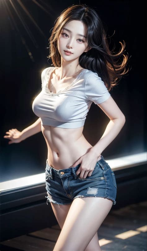 A Woman In A White Top And Blue Shorts Posing For A Picture Seaart Ai