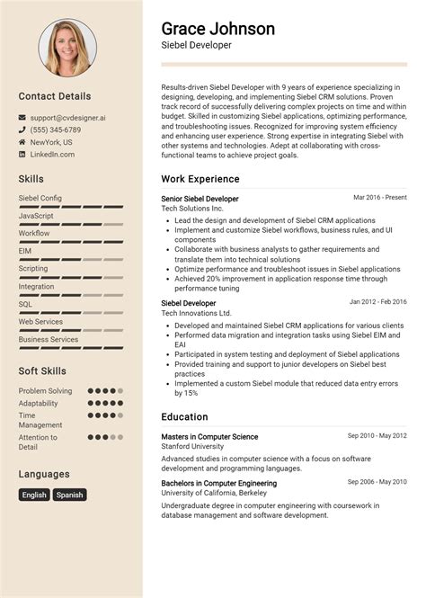 Siebel Developer Resume Example For 2024 Free Templates Cvdesignerai