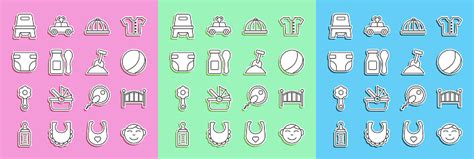 세트 라인 리틀 보이 헤드 아기 침대 요람 침대 비치 볼 모자 숟가락 기저귀 변기와 샌드 박스 모래와 삽 아이콘병 요구르트 벡터 건강 진단에 대한 스톡 벡터 아트 및 기타