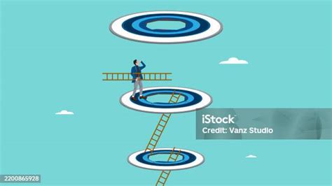 성공에 도달하기 위한 혁신 비즈니스 성공을 향한 여정 목표와 목표를 달성하기 위한 경력 경로 구축 똑똑한 사업가들은 사다리를 사용하여 과녁을 하나씩 올라갑니다 개념에 대한