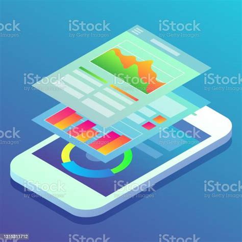 모바일 분석 개념 플랫 벡터 일러스트레이션 차트와 그래프가 있는 등색성 스마트폰 화면 3차원 형태에 대한 스톡 벡터 아트 및 기타 이미지 3차원 형태 개념 그래프