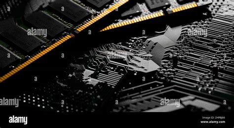 Macro Close Up Of Computer RAM Chip Random Access Memory Chip Slot For PC Motherboard Stock