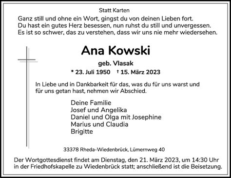 Traueranzeigen Von Ana Kowski Trauer Die Glocke De