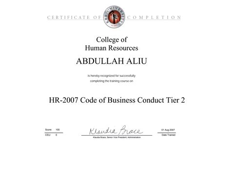 Certificate Code Of Business Condact Tier 2 Ppt