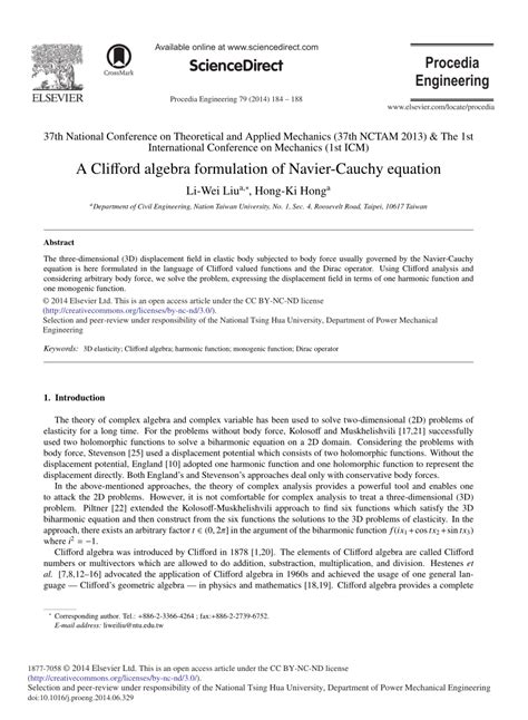 Pdf A Clifford Algebra Formulation Of Navier Cauchy Equation