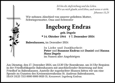 Traueranzeigen Von Ingeborg Endras Augsburger Allgemeine Zeitung