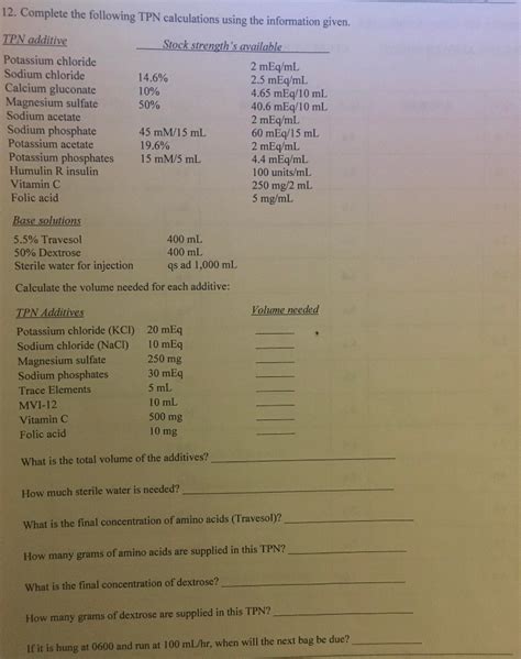 12 Complete The Following Tpn Calculations Using The