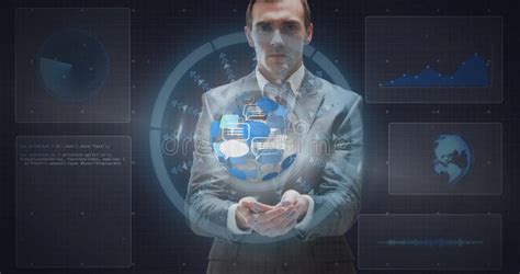 Image Of Scope Scanning And Data Processing Over Businessman Holding