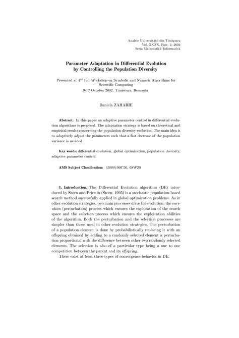 Pdf Parameter Adaption In Differential Evolution By Controlling The