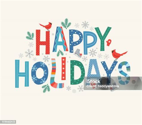 화려한 글자 해피 홀리데이 장식 계절 디자인 요소와 함께 즐거운 연말연시 되세요 문구에 대한 스톡 벡터 아트 및 기타 이미지