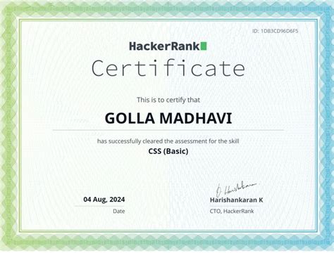 i earned a hackerrank certificate for css madhavi golla posted on