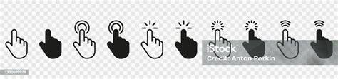 투명 배경에 손 마우스 포인터 Pictogram의 컬렉션 손가락 웹 클릭 포인터 라인과 실루엣 아이콘 검은 색 컴퓨터 커서 세트 격리된 벡터 일러스트레이션 배경 주제에 대한