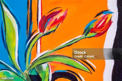 빨간 튤립 꽃 배경에 오렌지와 블루 아크릴 회화 기술 세부 사항 0명에 대한 스톡 벡터 아트 및 기타 이미지 0명 그림 그리기 기술 Istock