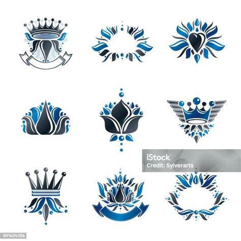 로얄 기호 꽃 꽃과 왕관 엠 블 럼 세트 전 령 벡터 디자인 요소 컬렉션입니다 레트로 스타일 레이블 문장 학입니다 공주에 대한 스톡 벡터 아트 및 기타 이미지 Istock