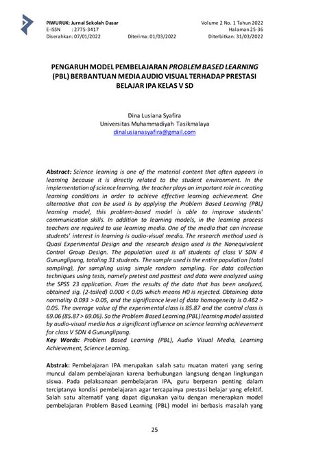 Pdf Pengaruh Model Pembelajaran Problem Based Learning Pbl Berbantuan Media Audio Visual