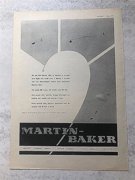 1954 Aircraft Advert Martin Baker Automatic Ejection Seat Meteor 7