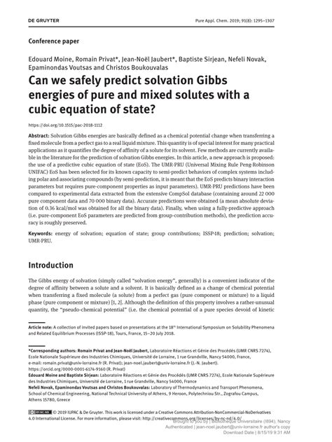 Pdf Can We Safely Predict Solvation Gibbs Energies Of Pure And Mixed Solutes With A Cubic