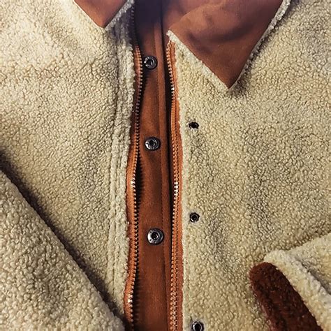 Mens Vintage Suede Patchwork Lamb Fleece Multi Pocket Reverse Collar