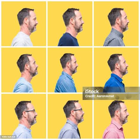 측면을 찾고 노란색 고립 된 배경 위에 수석 노인의 우아한 남자의 콜라주 자신감 미소와 자연 스러운 얼굴 프로필 포즈를 휴식