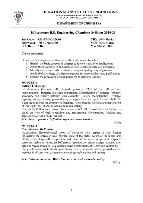 Engineering Chemistry Syllabus 2020 21 The National Institute Of Engineering Chemistry Syllabus 2020 21 The National Institute Of
