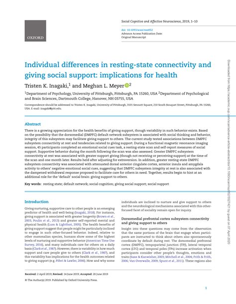 Pdf Individual Differences In Resting State Connectivity And Giving Social Support