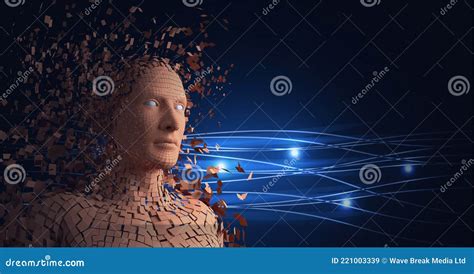 Composition Of Exploding Human Bust Formed With Particles Over Glowing Light Trails Stock Image