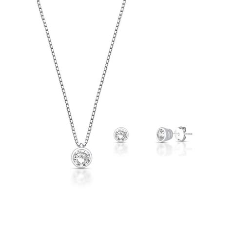 Conjunto De Colar E Brinco Ponto De Luz Prata 925 Zircônia R13990