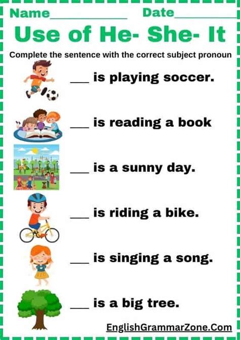 Subject Personal Pronouns He She It Worksheet For Grade 1