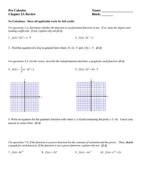 Precalc Chapter 2a Review Pre Calculus Name Chapter 2a Review Block