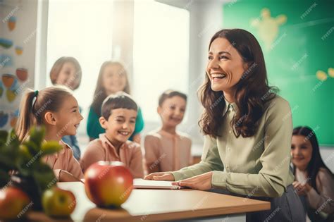 Uma Professora Gentil E Sorridente Está Ensinando Os Alunos Na Sala De