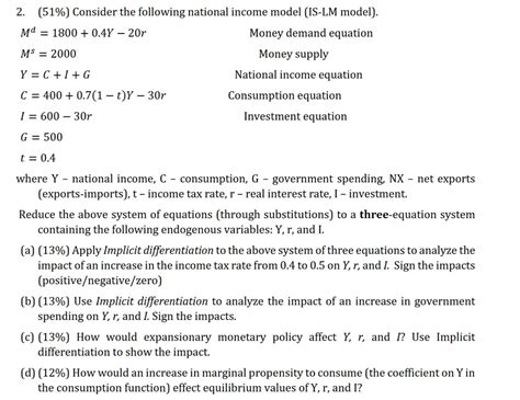Solved 2 51 Consider The Following National Income Model Is Lm Model Md 1800 0 4y