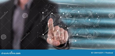 Man Touching A Virtual Network Stock Image Image Of Digital Interaction 128416329
