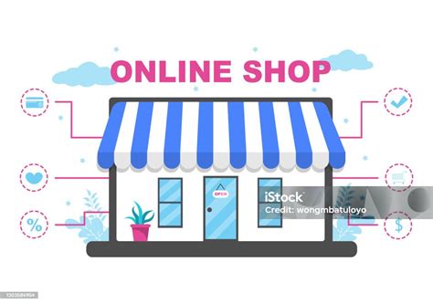 웹사이트 방문 페이지 마케팅 요소 또는 전자 상거래 일러스트레이션 웹 배너 및 디지털 결제를 위한 온라인 쇼핑 플랫 디자인 개념에 대한 스톡 벡터 아트 및 기타 이미지