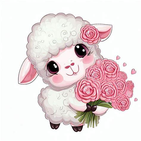 Cute Lamb Drawing With Flowers