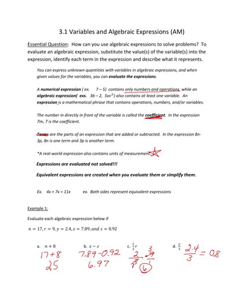 Variables And Algebraic Expressions Worksheet