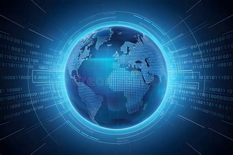 Blue Digital Earth Surrounded By Binary Codes And Abstract Lines Stock
