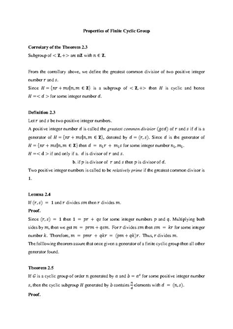 Properties Of Finite Cyclic Group Properties Of Finite Cyclic Group